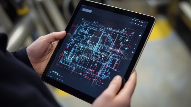 Engineer Using Tablet Showing Blueprint in Industrial Environment Stock ...