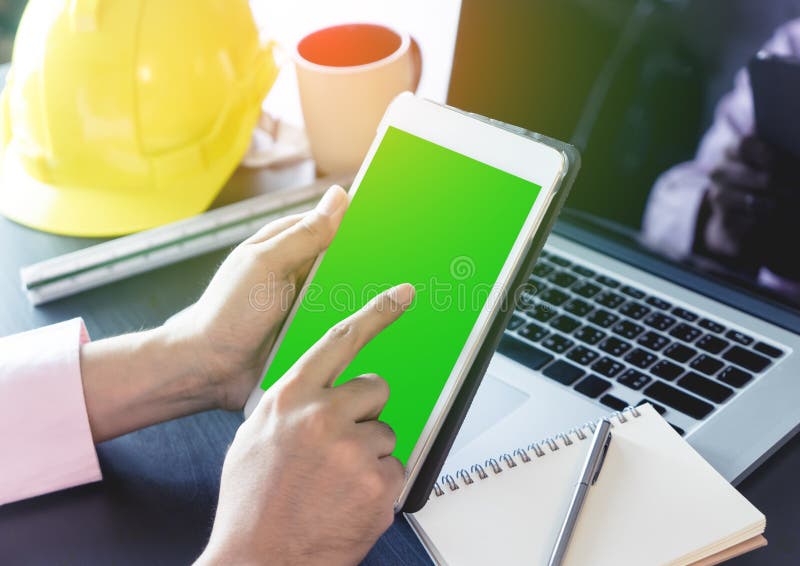 Engineer Using Tablet Technology for Industry Communication, Blank ...