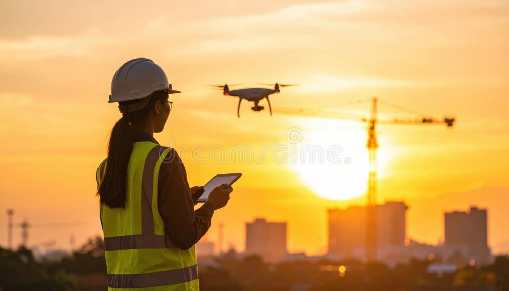 Engineer Using Tablet To Control a Drone at Sunset with City and Crane ...