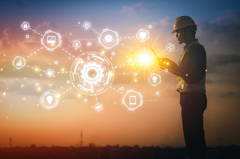 Engineer Using Tablet To Inspect Work at Job Site. Stock Illustration ...