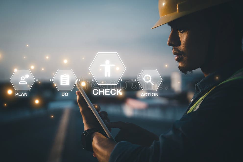 Engineer Using Tablet To Inspect Work at Job Site. Stock Image - Image ...