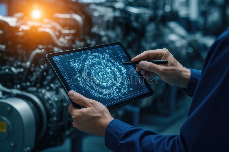 Engineer Using Tablet To Review Engine Blueprint Stock Illustration ...