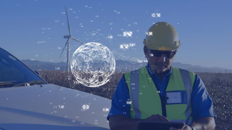 Engineer Using a Tablet with a Wind Turbine and a Digital Globe Stock ...