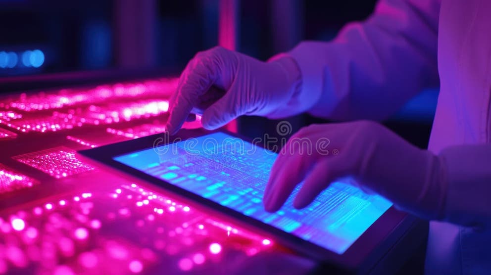 Engineer Using Touchscreen Tablet Analyzing Electronic Circuit Board in ...