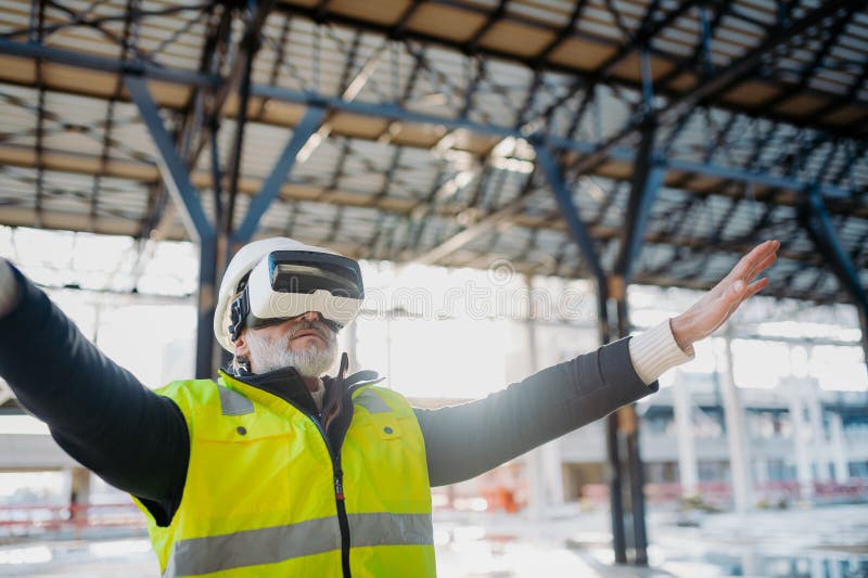 Engineer Using Virtual Reality To Inspect Building Progress. Stock ...