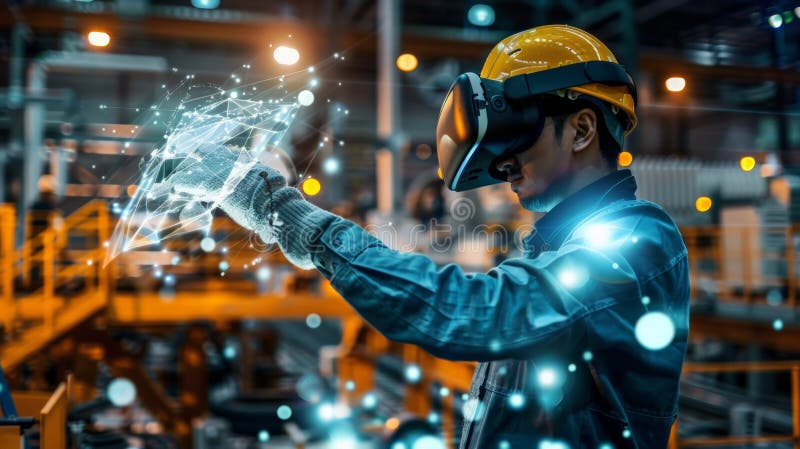 Engineer Using VR Headset in High-tech Industrial Environment. Virtual ...