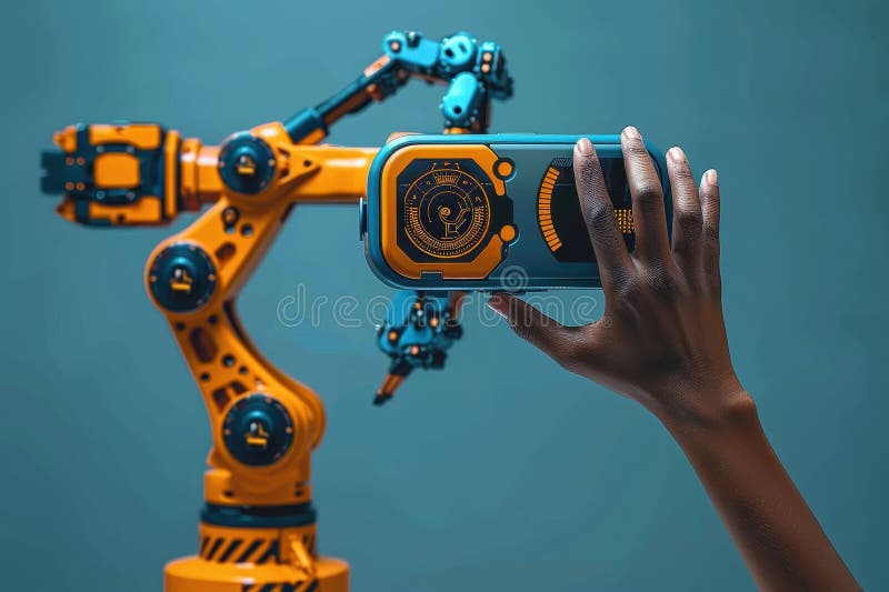 Engineer with VR Headset Controls an Orange Robotic Arm. Stock Photo ...