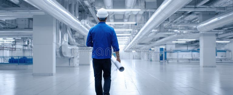 The Engineer Walks through a Spacious Industrial Facility with Blueprints in Hand. AI Generated ...