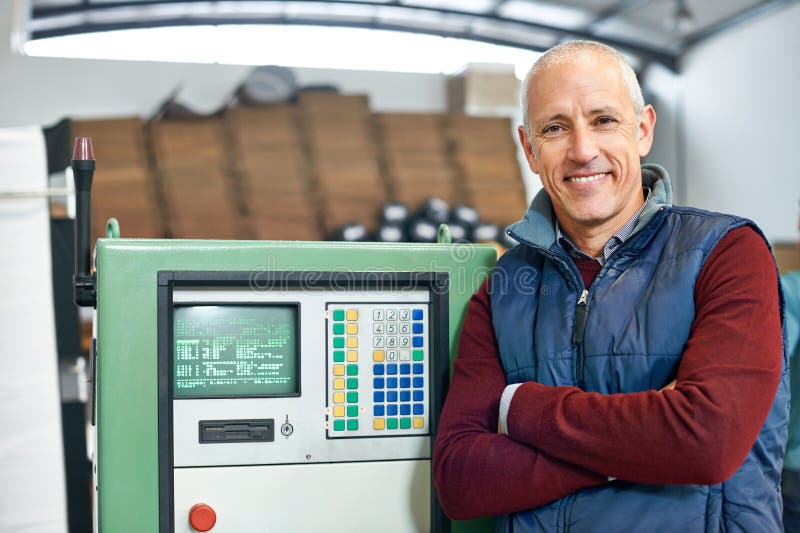 Engineer, Warehouse and Machine with Control Panel, Smile and ...