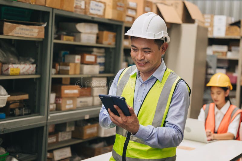 Engineer Warehouse Manager Happy Using Inventory Management Technology ...