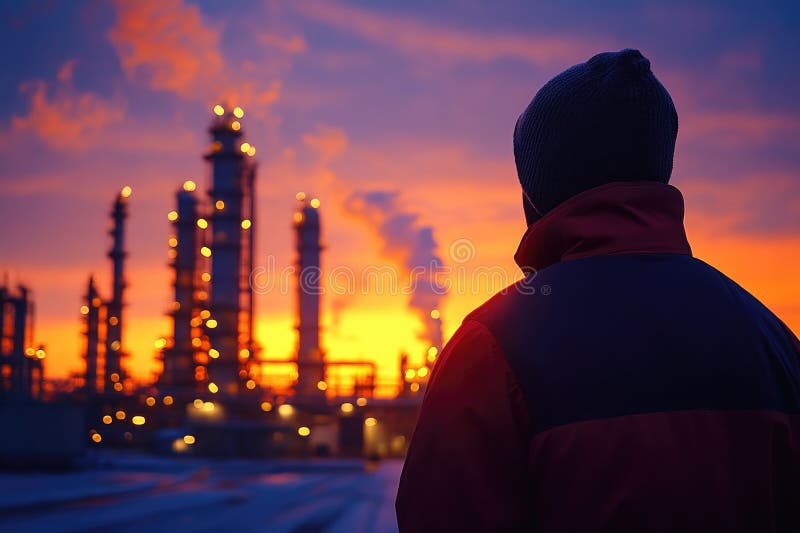 Engineer Watching Working Refinery Plant at Sunset Stock Illustration ...