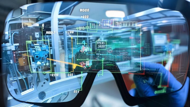 Engineer Wearing Augmented Reality Goggles Analyzing Production Line ...