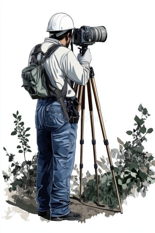 An Engineer Wearing Blue Overalls is Using Survey Equipment in the ...