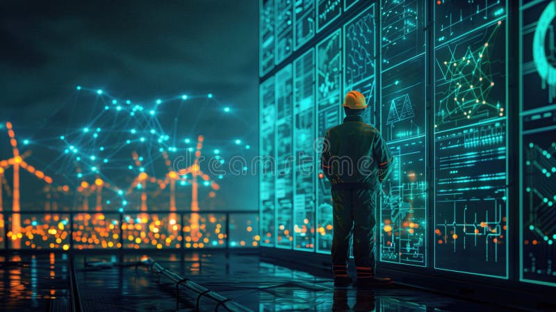 Engineer Wearing Hard Hat Analyzing Digital Interface with Energy ...
