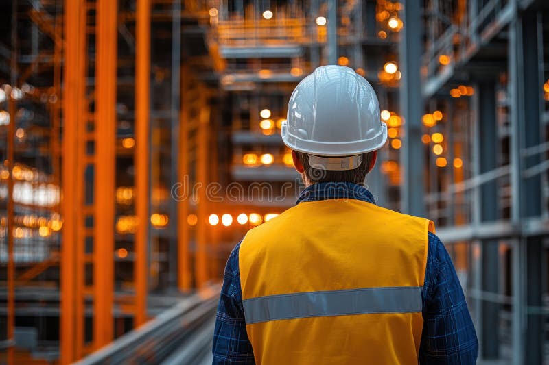 Engineer Wearing Hard Hat and Reflective Vest Inspecting Modern ...