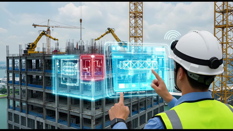 Engineer Interacting with AR Hologram of Building Plans at Construction ...