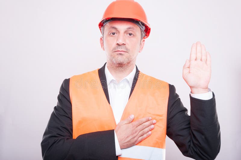 Engineer Wearing Hardhat Making Oath Gesture Stock Image - Image of ...