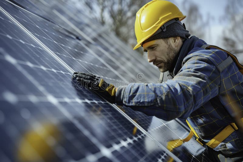 Engineer Wearing Safety Gear Carefully Inspects a Solar Panel ...