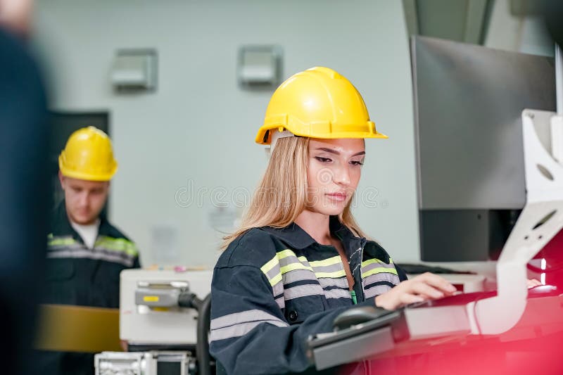 Engineer Wearing Safety Vest Controlling Machine Working Talking with ...