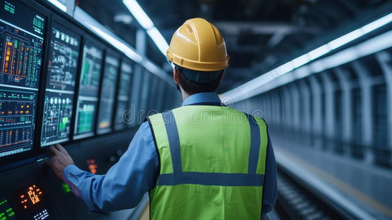 Engineer Man in Safety Gear Checking System Status Across Multiple ...