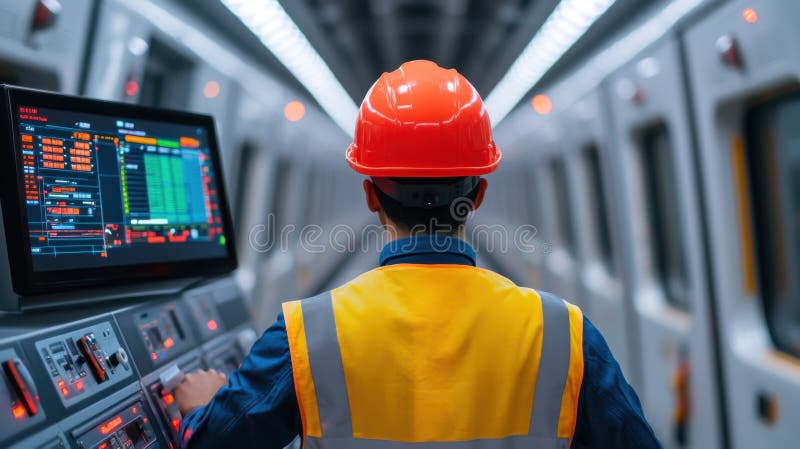 Engineer Man in Safety Gear Checking System Status Across Multiple ...