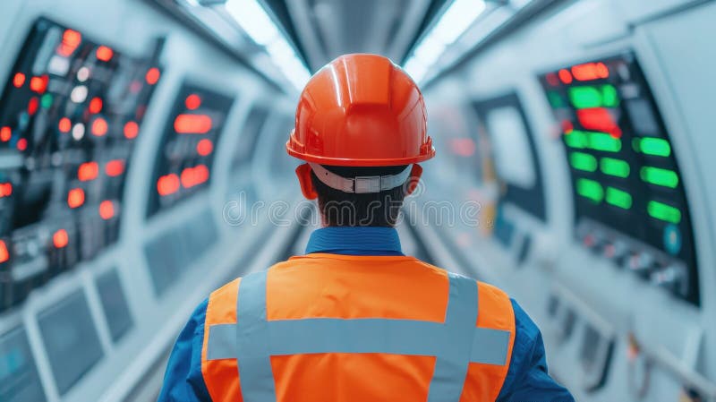 Engineer Man in Safety Gear Checking System Status Across Multiple ...