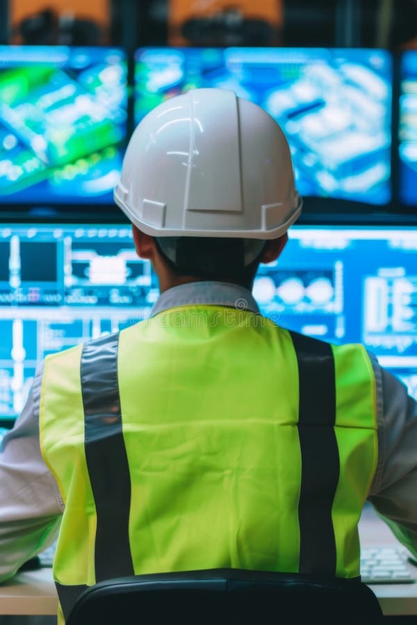 Engineer Wearing Safety Vest and Helmet Working with Cad Software on ...