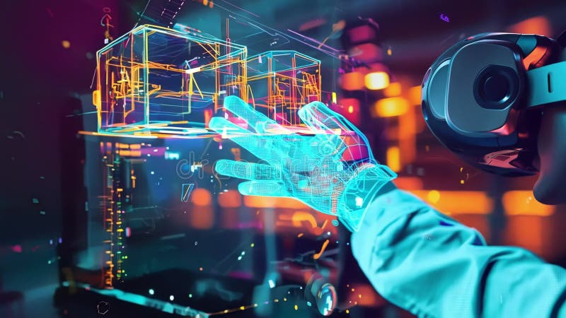 Engineer Using Virtual Reality Headset and Interacting with Hologram in ...