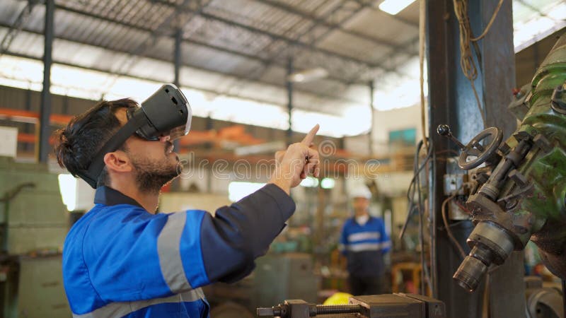 Engineer Wearing Virtual Reality Headset Standing in the Manufacturing ...