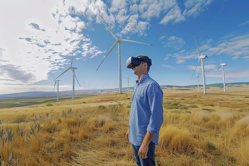 Engineer Wearing Virtual Reality Simulator Standing in Front of Wind ...