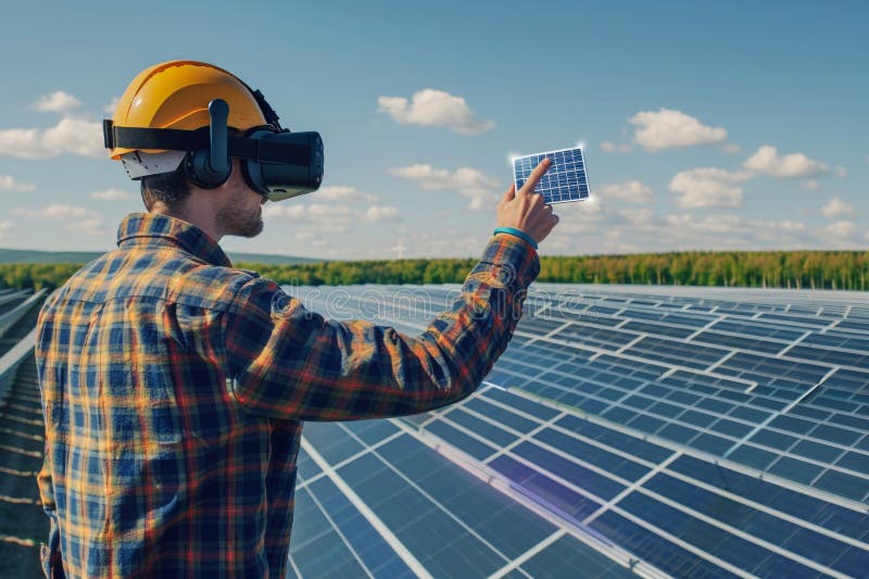 An Engineer Wearing VR Goggles Interacting with a Holographic Interface ...