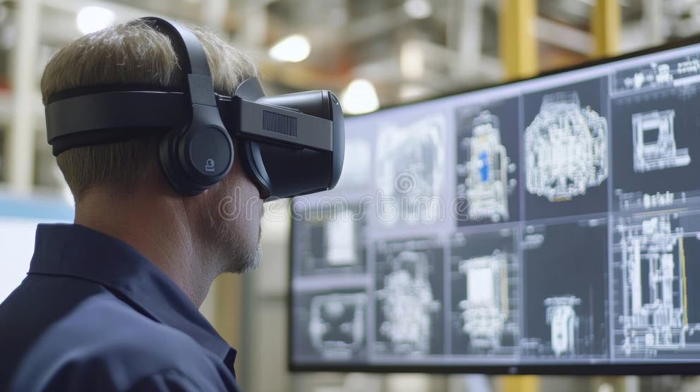 Engineer Wearing Vr Headset Analyzing Engine Schematics on Multiple Screens in Factory Setting ...