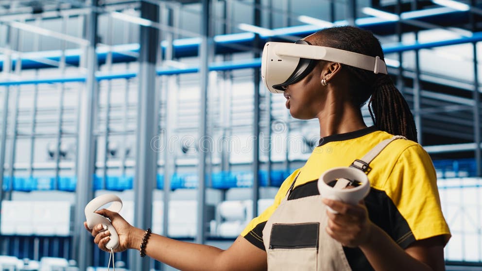 Engineer Wearing VR Headset in Smart Factory Looking at Data To Do ...