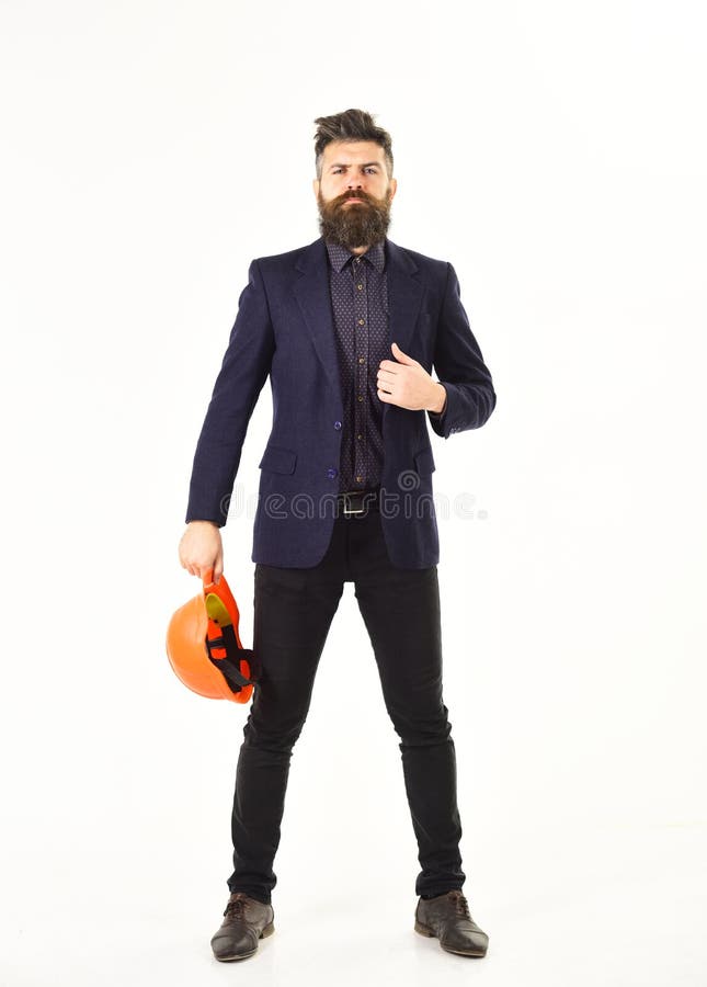 Engineer Wears Construction Helmet. Engineer with Long Beard and ...