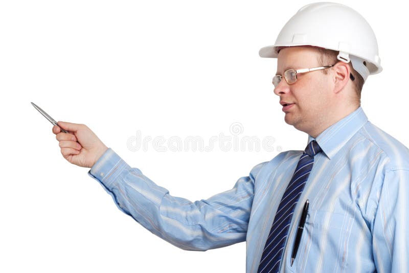Engineer in a White Helmet Explain Something Stock Photo - Image of ...