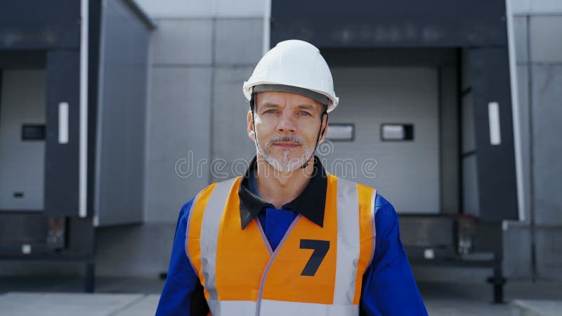 Engineer in White Helmet Walks Against Loading Docks Stock Video ...