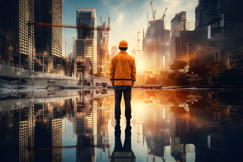 Engineer Standing among Tall, Prosperous Buildings Stock Illustration ...