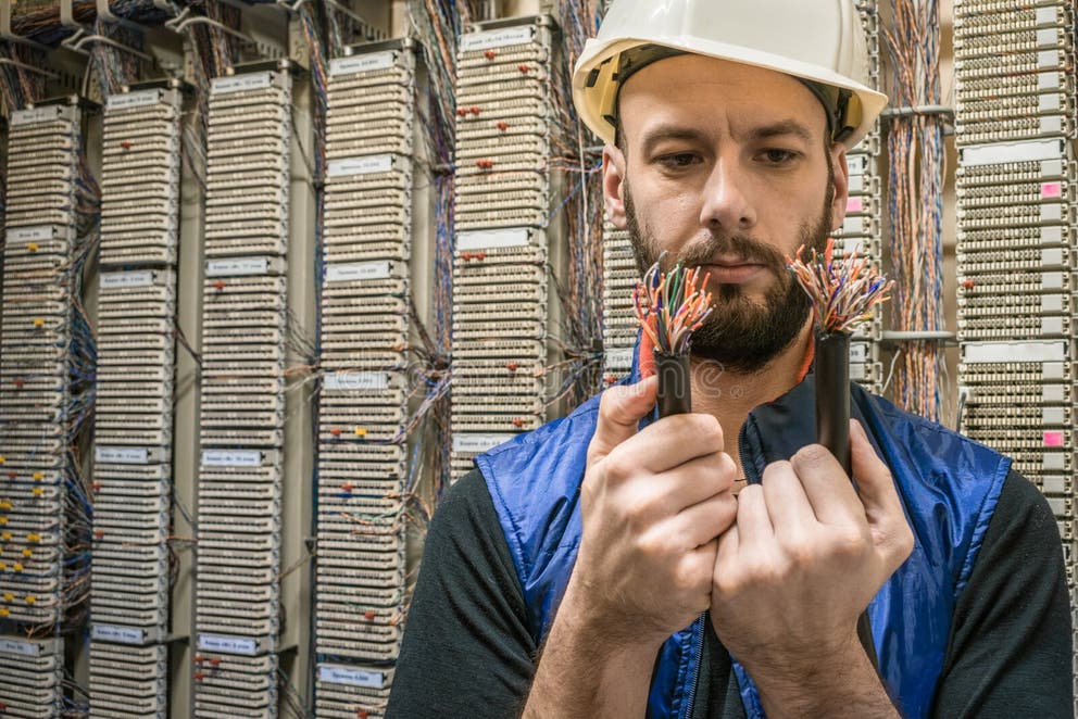 Engineer Will Connect Damaged Internet Backbone Wire. Worker Restores ...