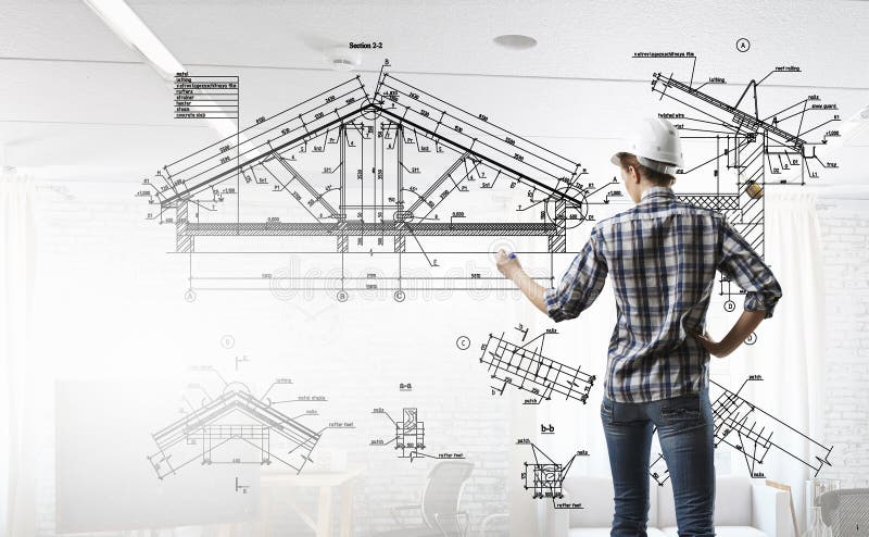 Engineer woman draw layout stock photo. Image of construction - 91245010
