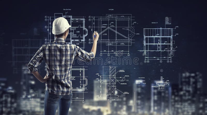 Engineer woman draw layout stock photo. Image of plan - 91598988