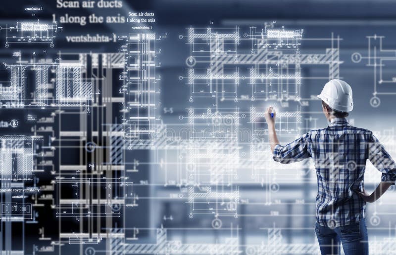Engineer woman draw layout stock photo. Image of wall - 92456882