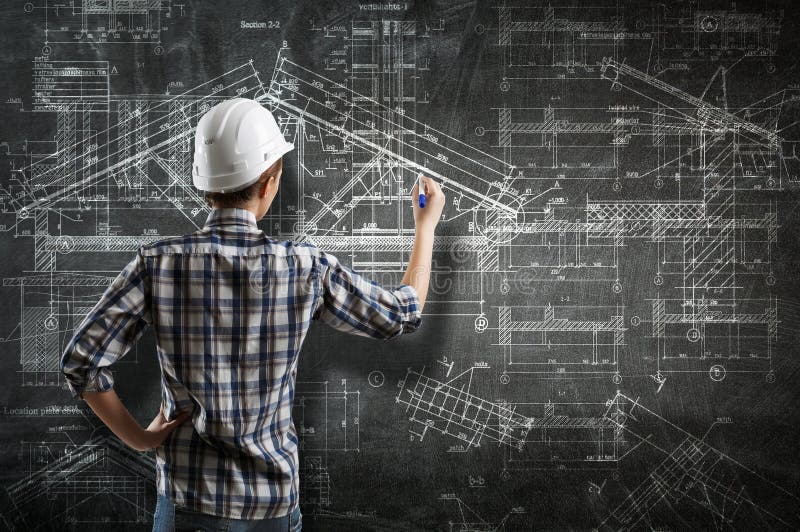 Engineer woman draw layout stock photo. Image of draw - 94357556