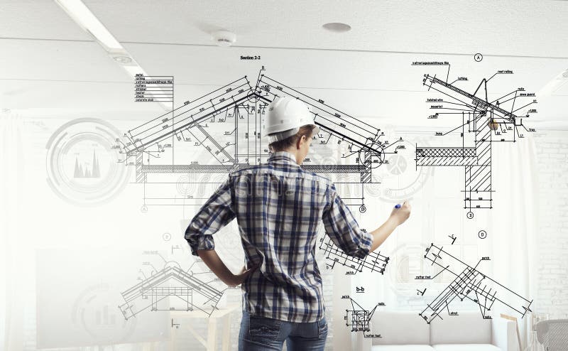 Engineer woman draw layout stock image. Image of construction - 94358781