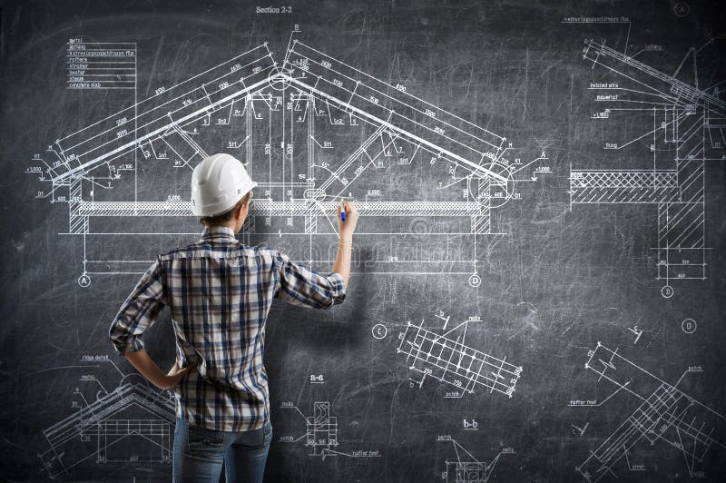 Engineer Woman Draw Layout . Mixed Media Stock Image - Image of ...