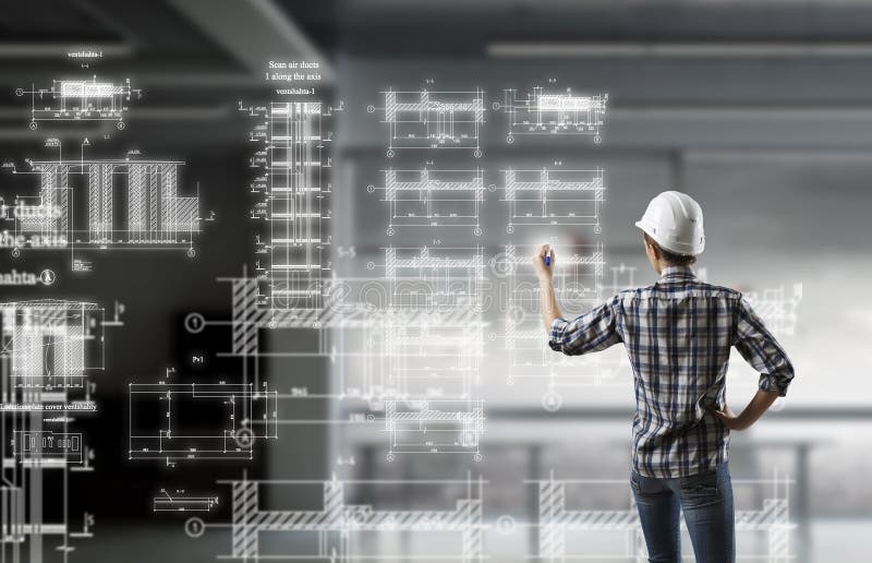 Engineer Woman Draw Layout . Mixed Media Stock Image - Image of plan ...