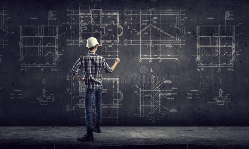 Engineer Woman Draw Layout . Mixed Media Stock Photo - Image of ...