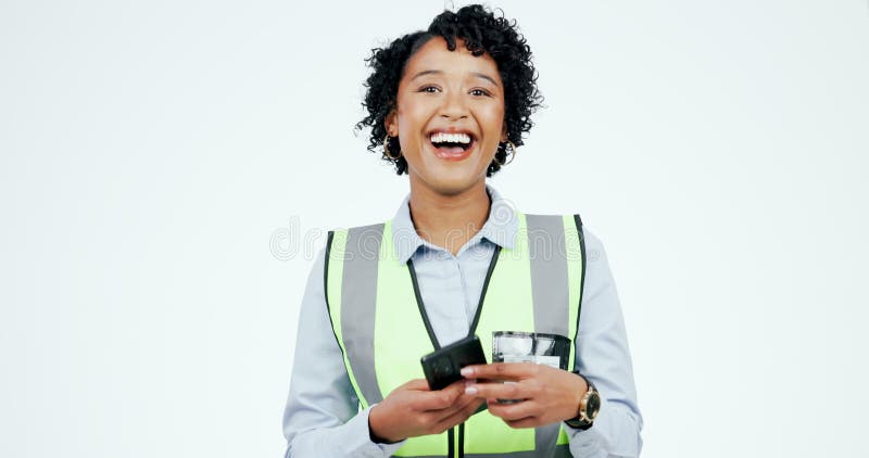 Engineer Woman, Phone and Face in Studio, Smile and Texting on Web Chat ...