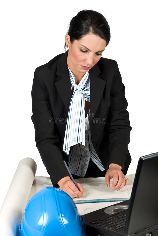 Engineer Woman Work in Office and Drawing Plans Stock Photo - Image of ...