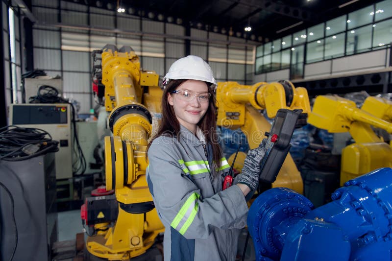 Engineer Woman Worker Working with Robotic Arm in Industry Factory ... Engineer Woman Worker Working with Robotic Arm in Industry Factory ...