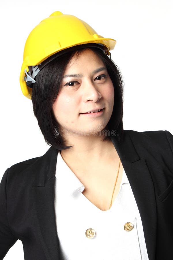 Engineer Woman in Yellow Hat Stock Photo - Image of face, girl: 39685582